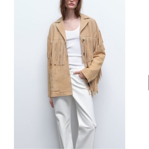 Zara | Jackets & Coats | Zara Sand Fringed Leather Jacket | Poshmark